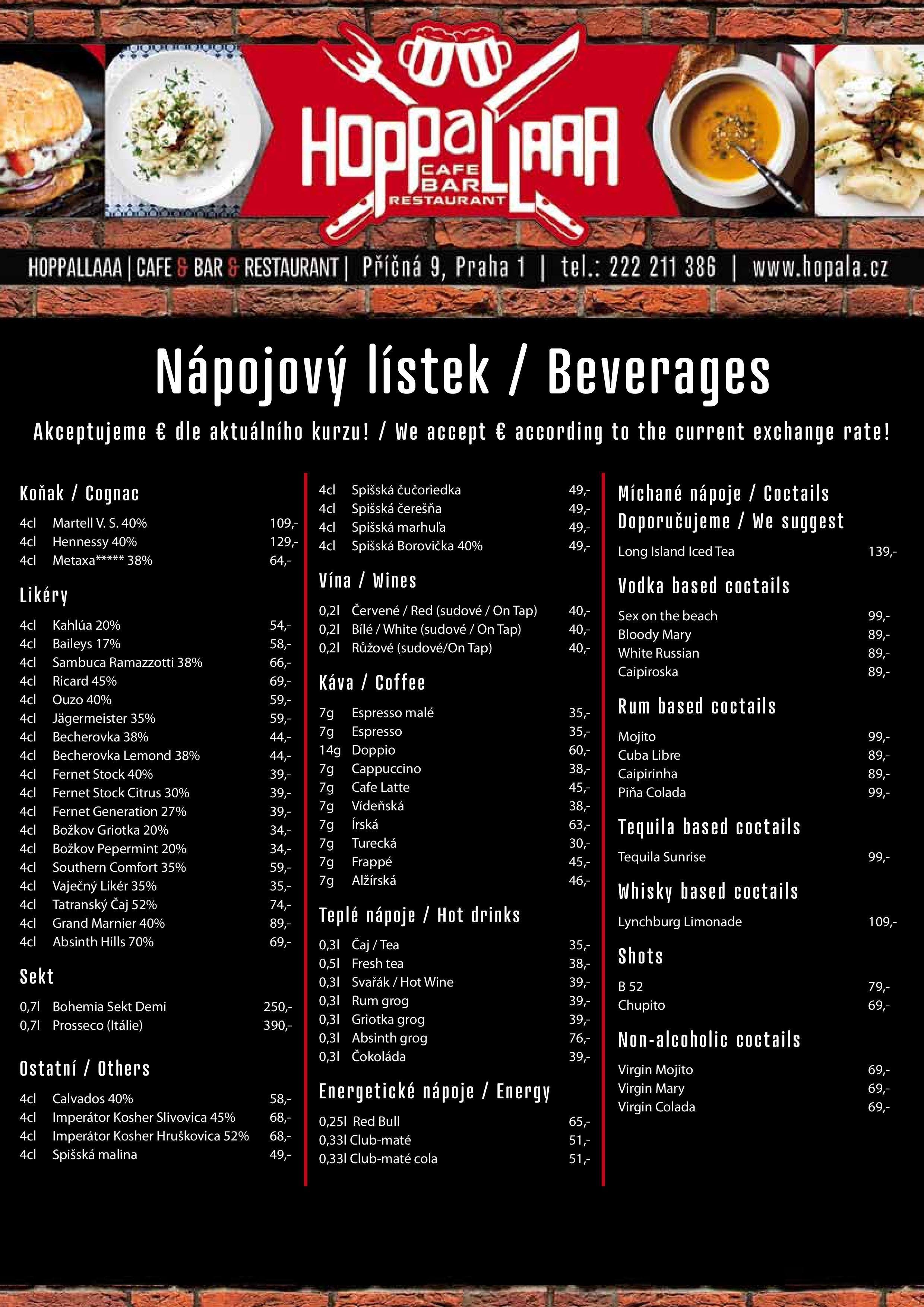 Menu at Hopala Gril Bar, Prague