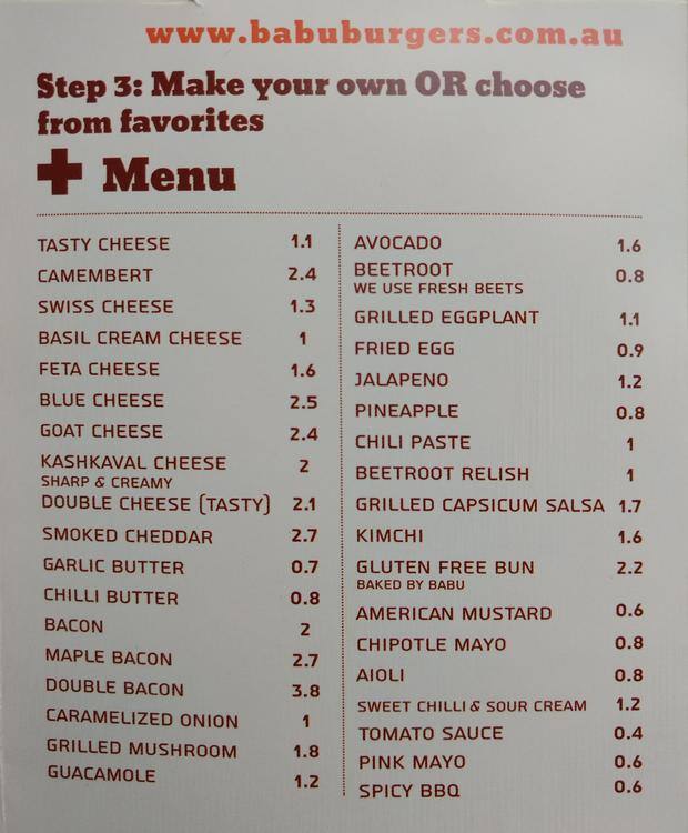 Menu at Babu Burgers restaurant, Ormond