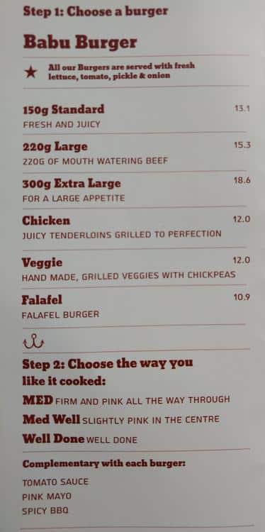 Menu at Babu Burgers restaurant, Ormond
