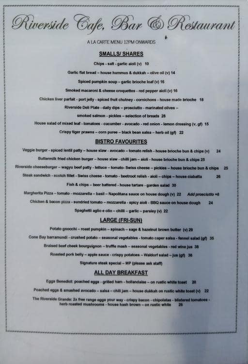 Menu at Riverside Cafe, Perth, Eastern Pavilion