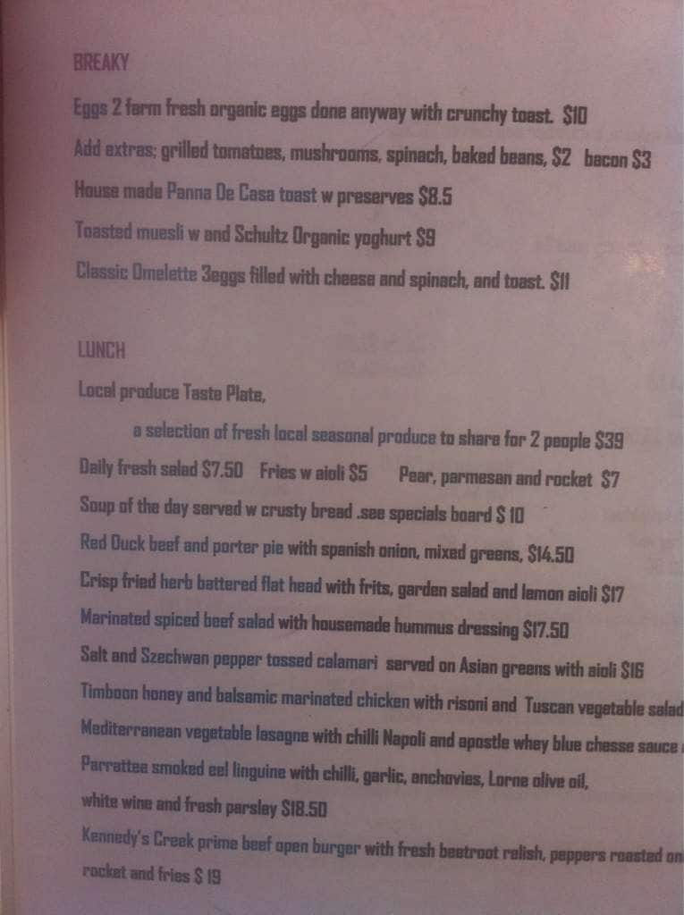 Menu at Timboon Railway Shed Distillery restaurant, Timboon