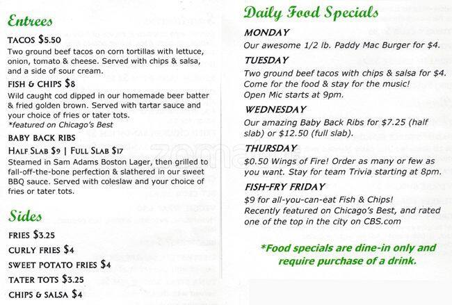 Menu at Paddy Mac's pub & bar, Chicago