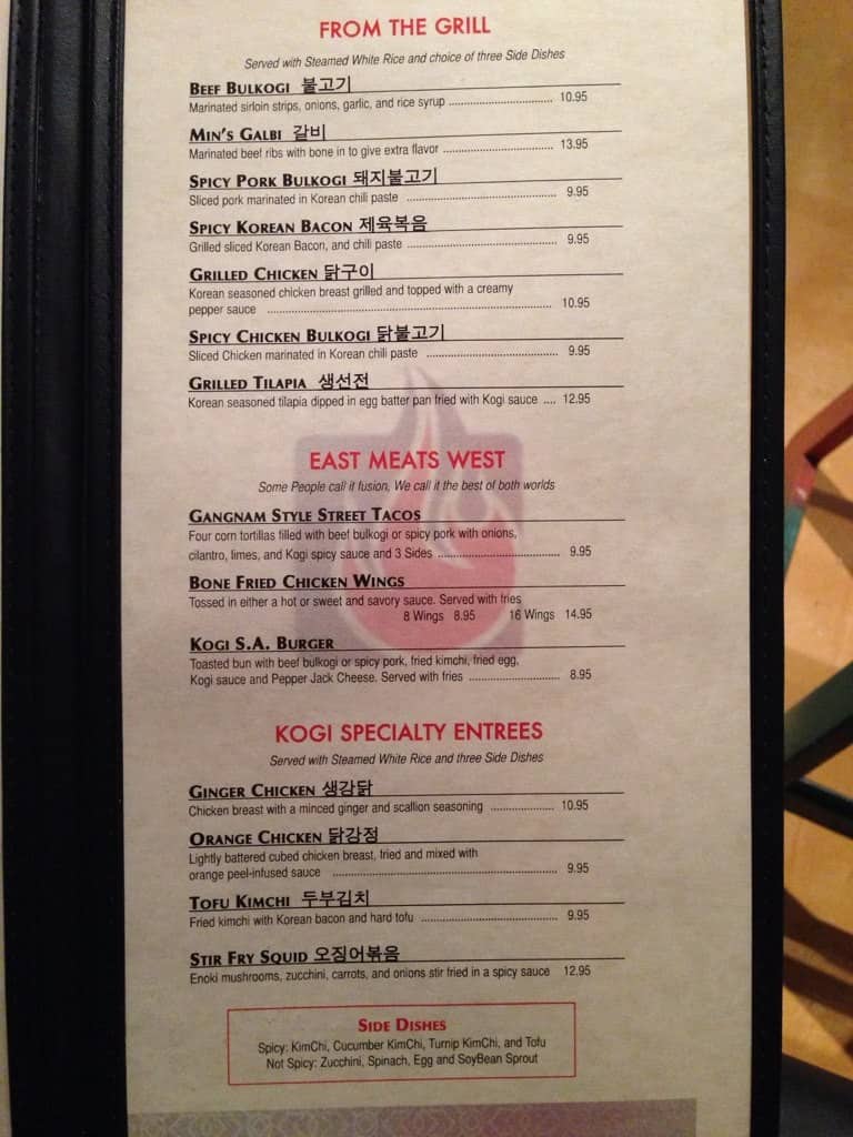 Menu at Kogi Korean Grill restaurant, San Antonio