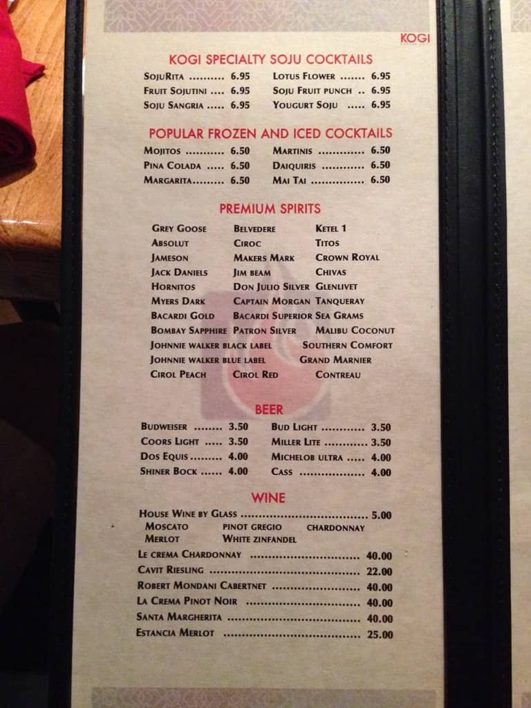 Menu at Kogi Korean Grill restaurant, San Antonio