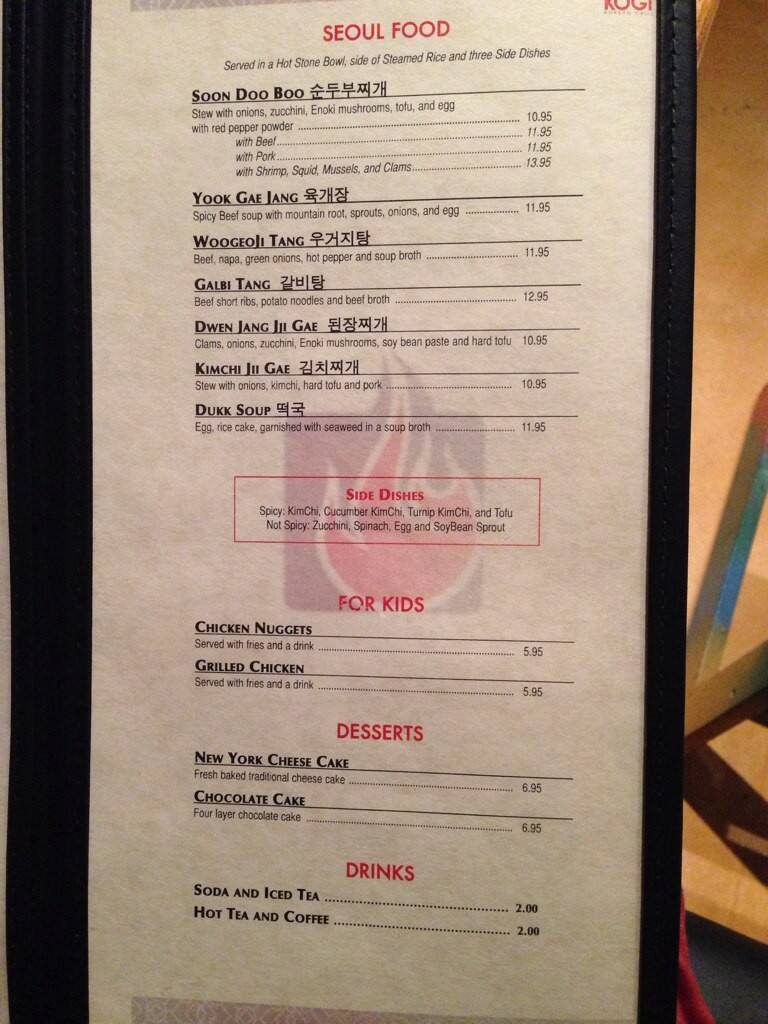 Menu at Kogi Korean Grill restaurant, San Antonio