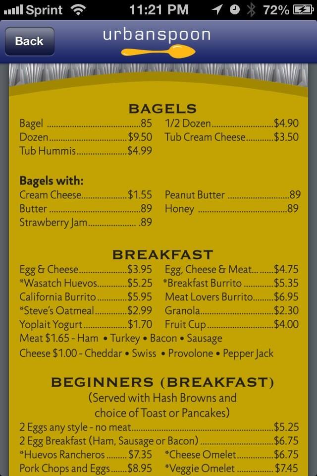 Menu at Wasatch Bagel Cafe, Park City