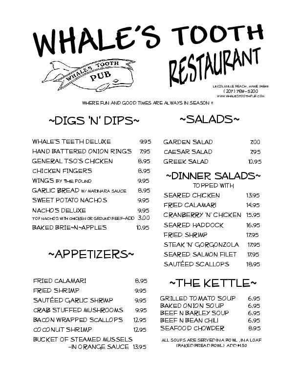Menu at Whale's Tooth Pub, Lincolnville