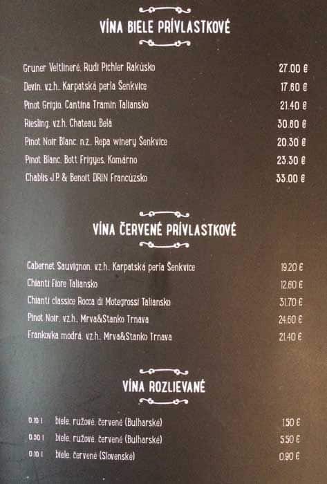 Menu at La vina pub & bar, Bratislava