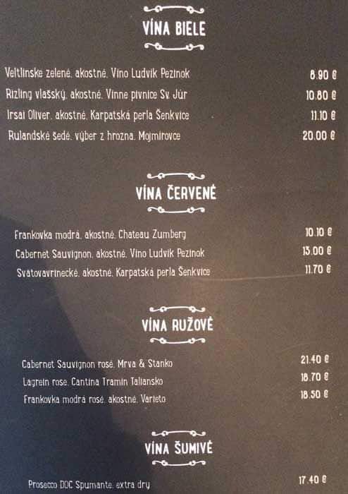 Menu at La vina pub & bar, Bratislava