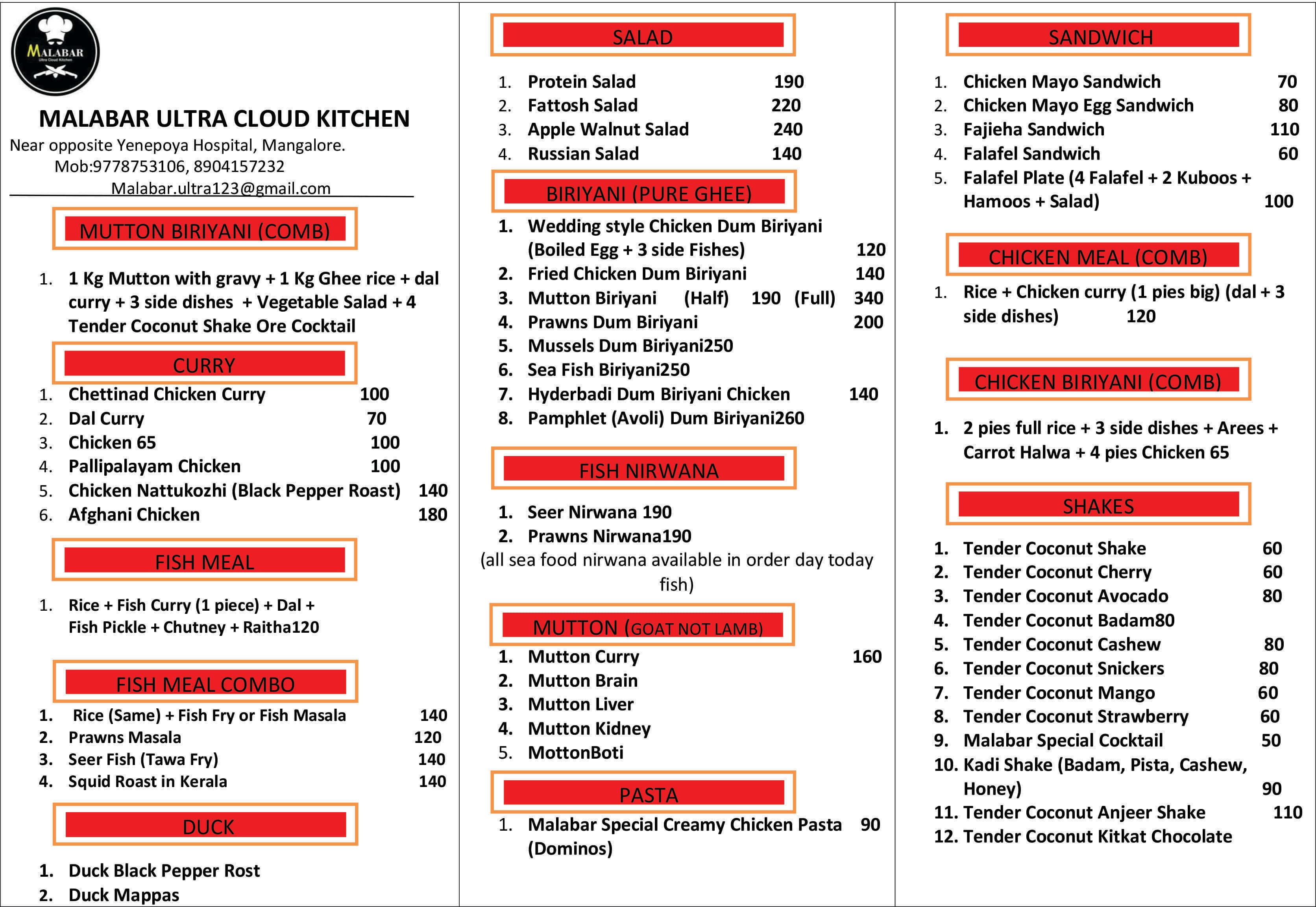 Menu of Malabar Cloud Kitchen, Derlakatte, Mangalore