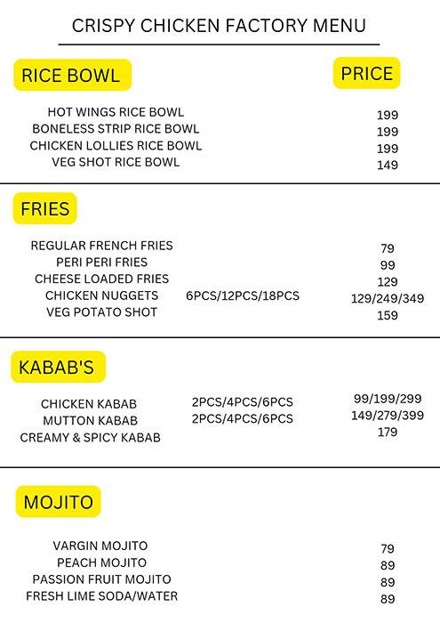 Menu at Crispy Chicken Factory, New Delhi