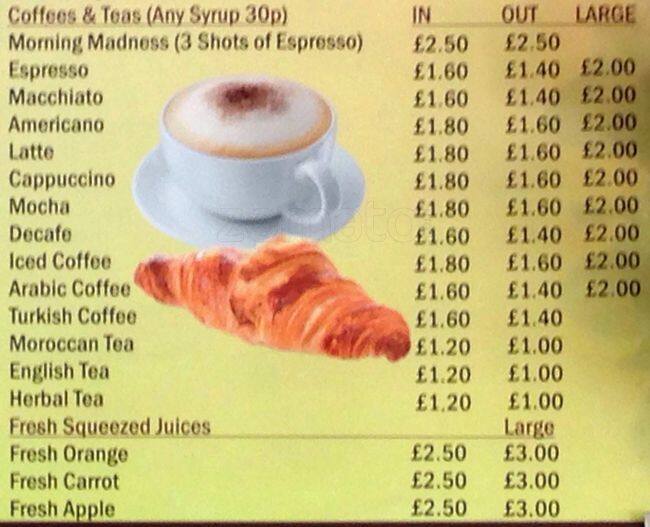 Menu at Gadz Coffee shop cafe, London, 44 Clifton Terrace