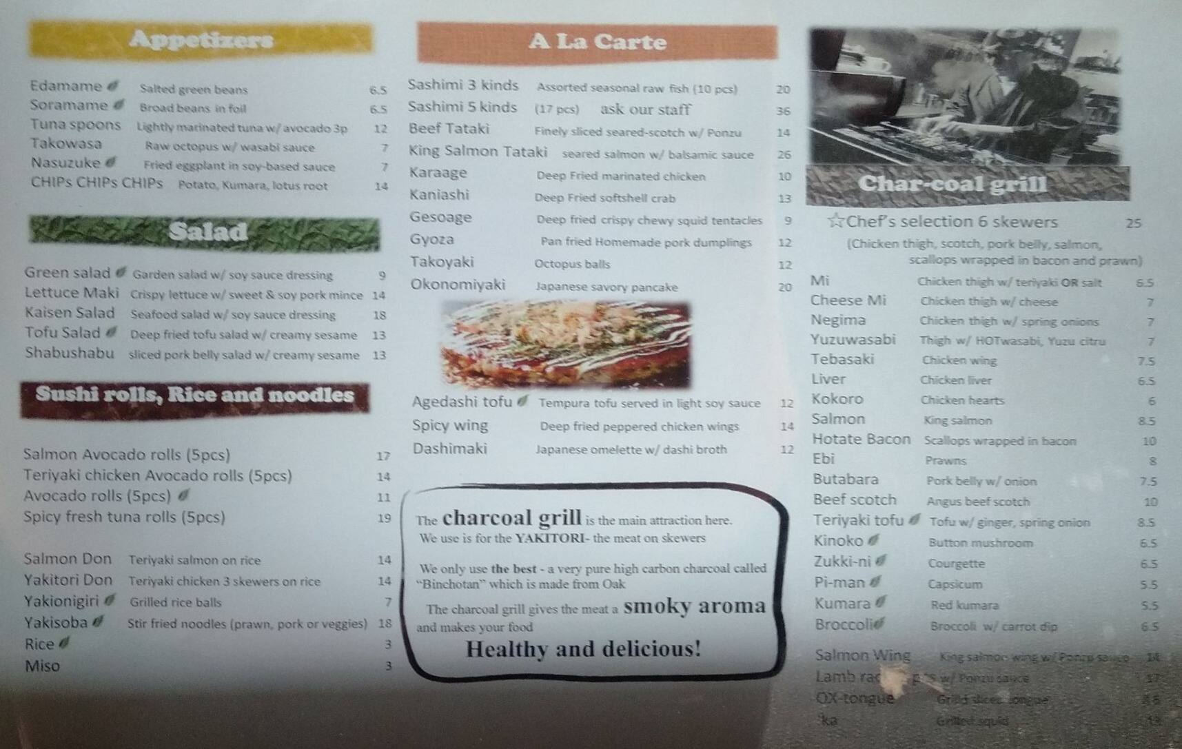 Menu at Taisho restaurant, Auckland