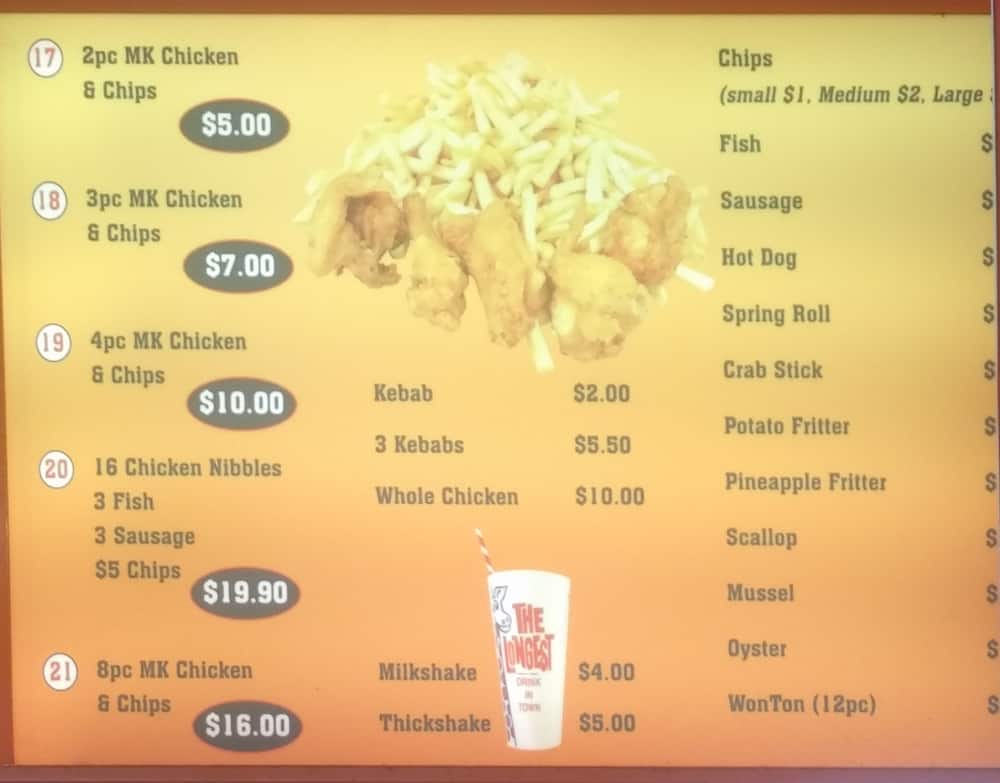 Menu at Mk Takeaway restaurant, Auckland
