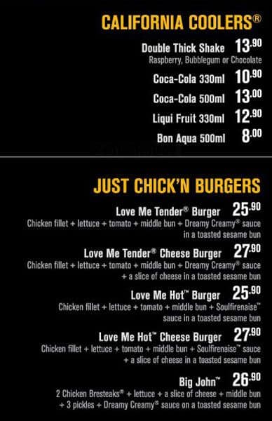 Menu at Chicken Licken restaurant, Durban, 132