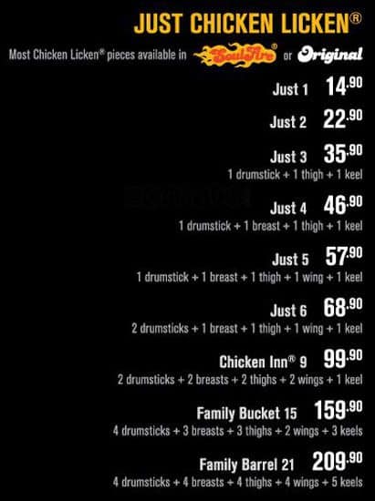 Menu at Chicken Licken restaurant, Durban, Sangro House