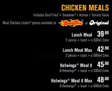 Menu at Chicken Licken restaurant, Durban, 132