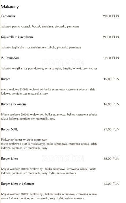 Menu at JK pub & bar, Warsaw