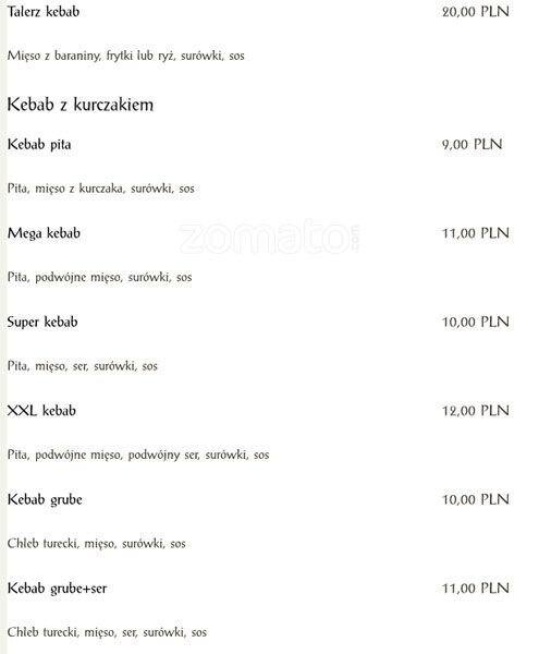 Menu at JK pub & bar, Warsaw