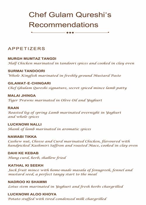Menu of Chingari - Sheraton Grand, Bund Garden Road, Pune