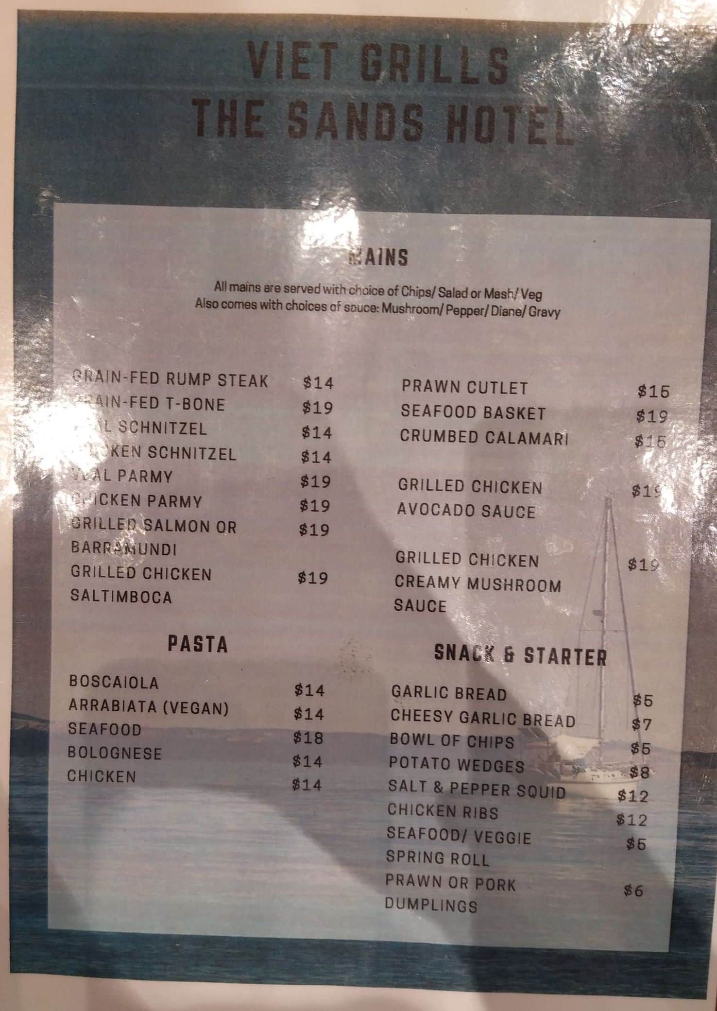 Menu at The Sands Hotel, Maroubra