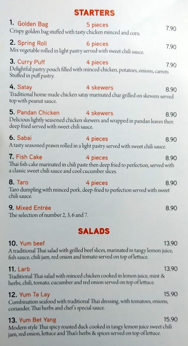 Menu at One Thai Restaurant, Balwyn