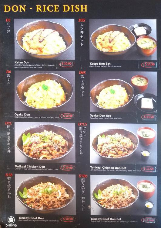 Menu at O-Bento restaurant, Docklands, Melbourne Water Corporation