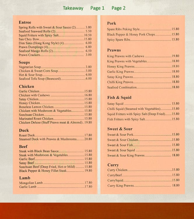 Menu at The Ming Restaurant, Mundaring