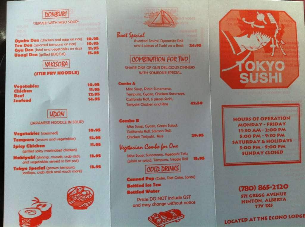 Menu at Tokyo Sushi Restaurant, Hinton
