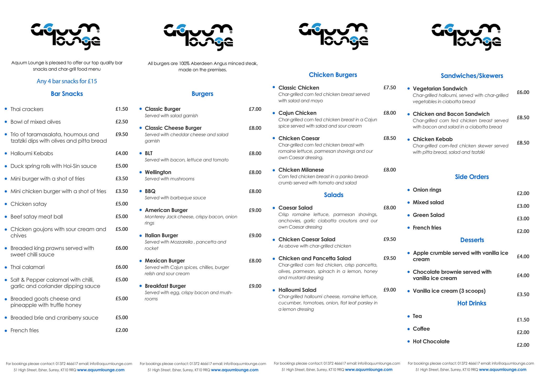 Menu at Aquum Lounge restaurant, Esher