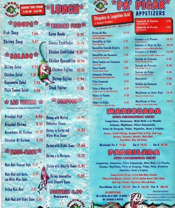 Menu at El Barco Mariscos, Chicago, N Ashland Ave