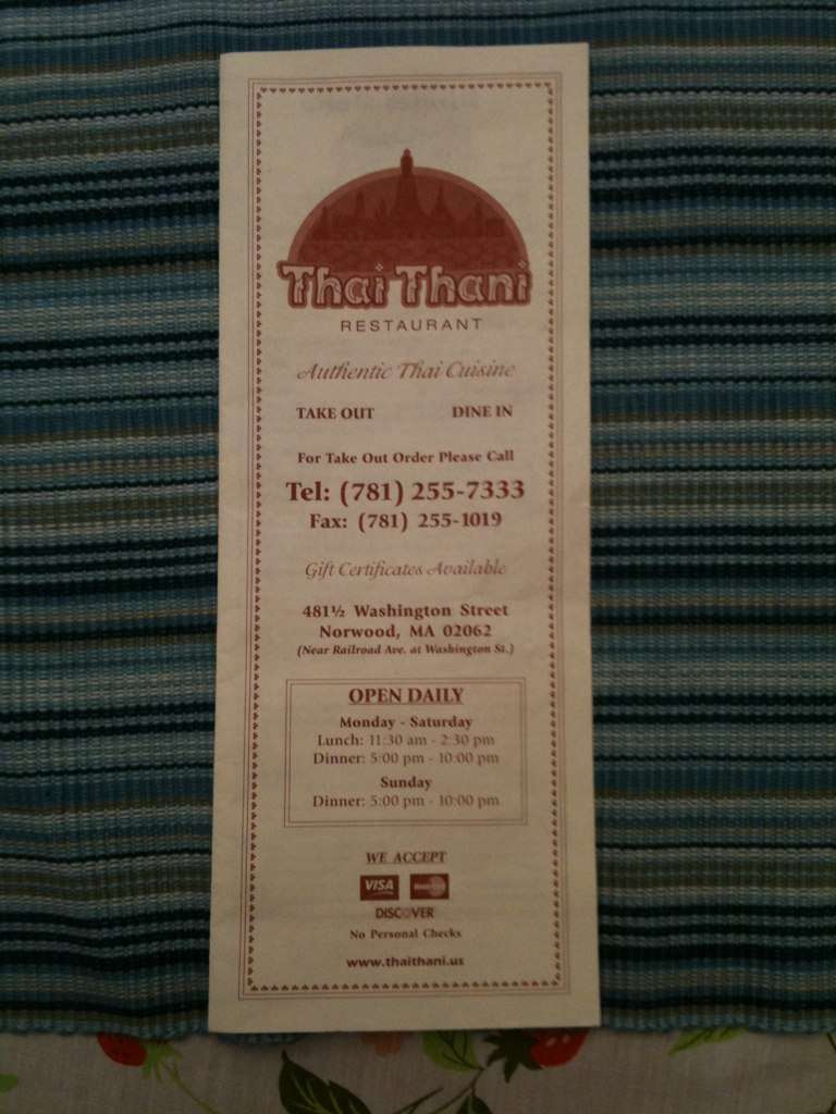 Menu at Thai Thani Restaurant, Norwood, 481 Washington St