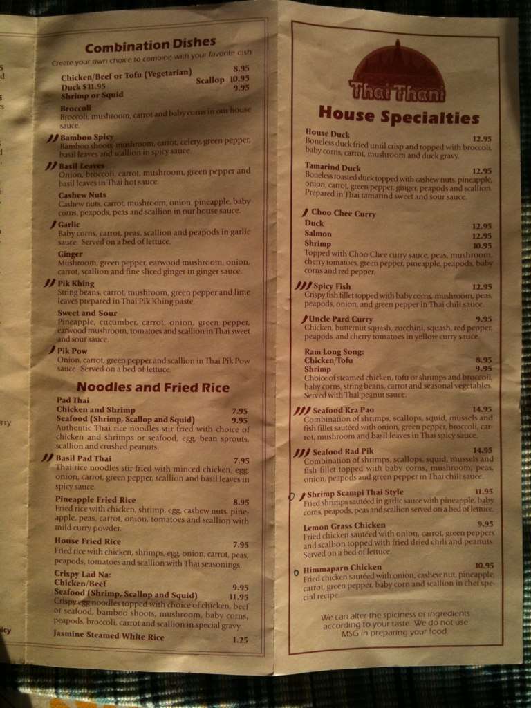 Menu at Thai Thani Restaurant, Norwood, 481 Washington St