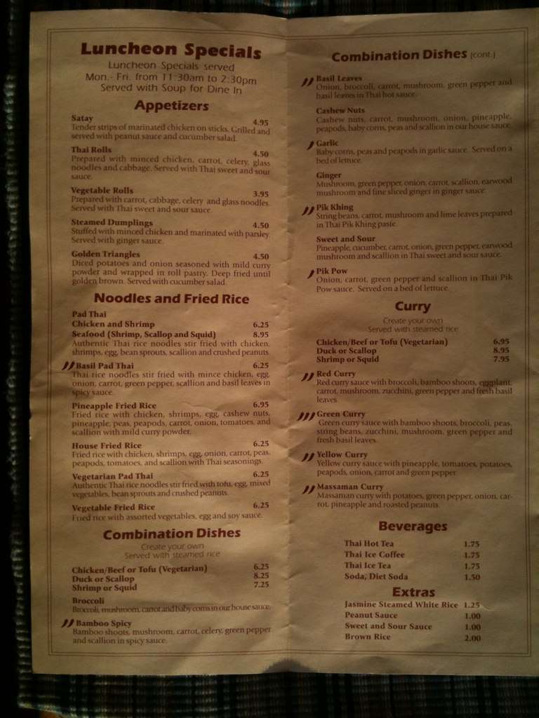 Menu at Thai Thani Restaurant, Norwood, 481 Washington St