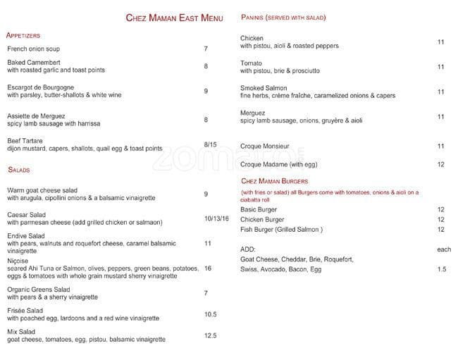 Chez Maman Menu, Menu for Chez Maman, Western Addition, San Francisco ...