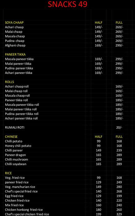 Menu of Snacks 49, Sector 49, Noida