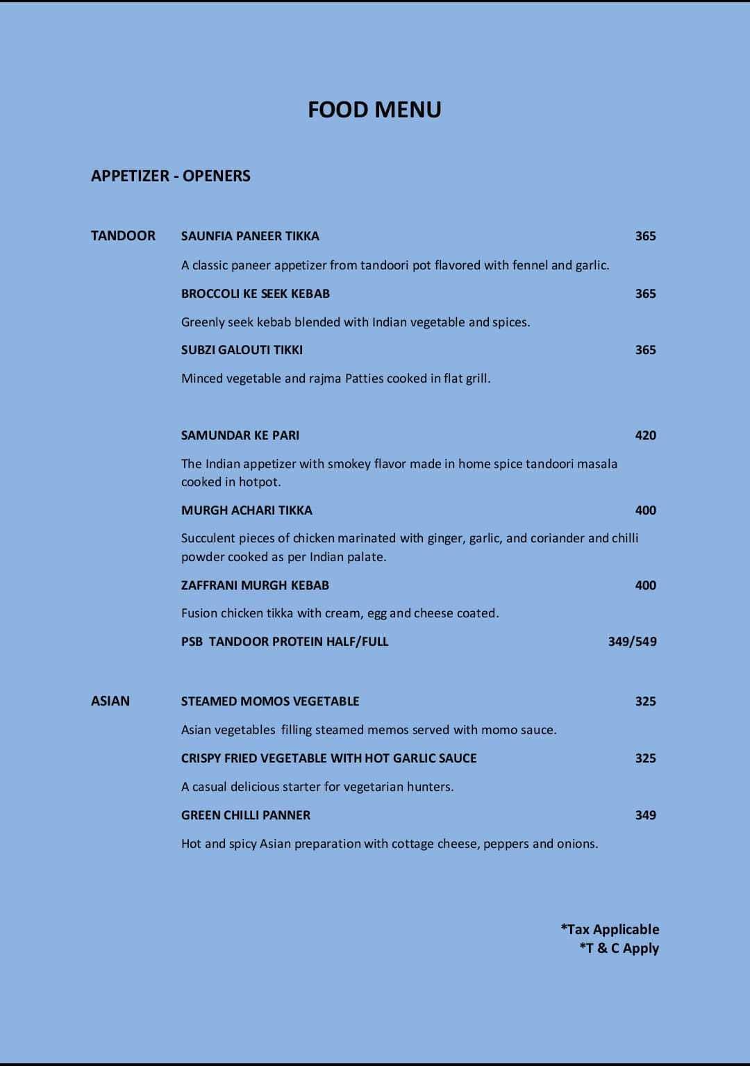 Menu of Pitchside Blue, Royapettah, Chennai