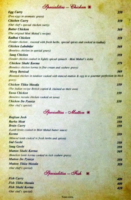 Menu at Moti Mahal Delux, Agra, Orbit Inn