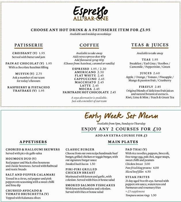 Menu at All Bar One Moorgate, London, 127 Finsbury Pavement