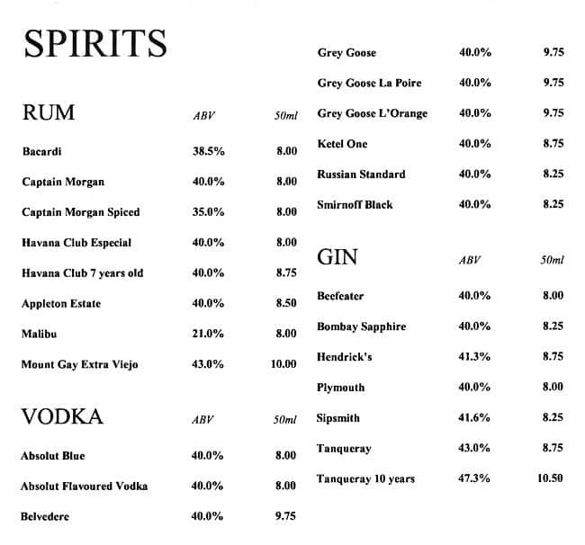 Menu at The Pine Bar, London