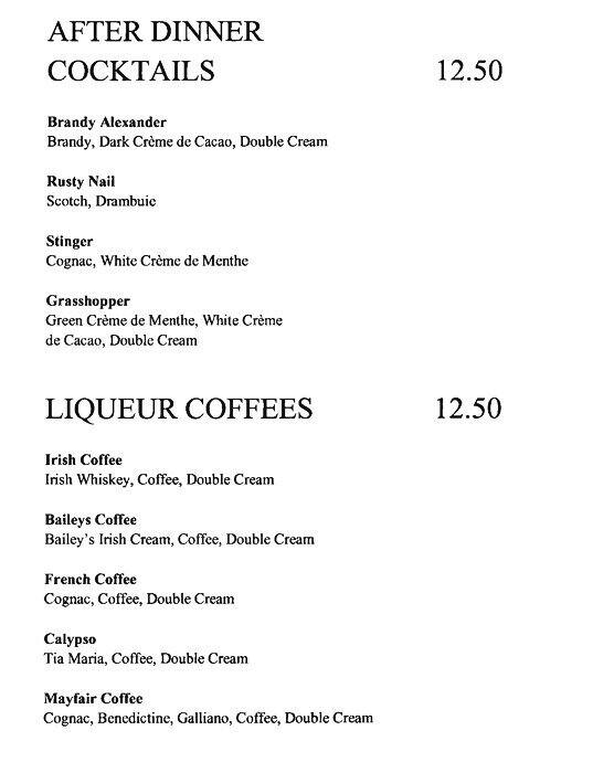 Menu at The Pine Bar, London