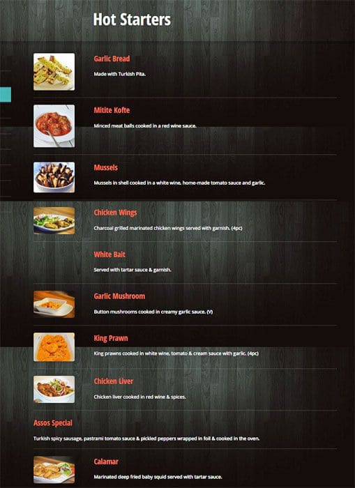 Menu at Assos Restaurant, Dartford