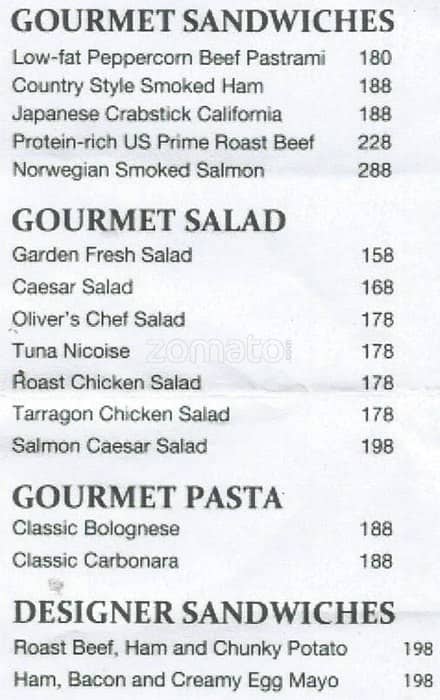 Menu at Oliver`S Super Sandwiches restaurant, Makati, Glorietta 2nd Level