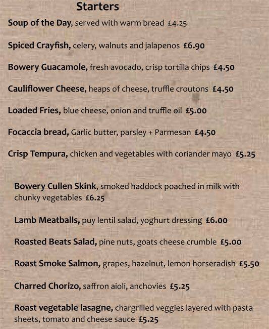 Carta de The Bowery Bar & Restaurant, Glasgow