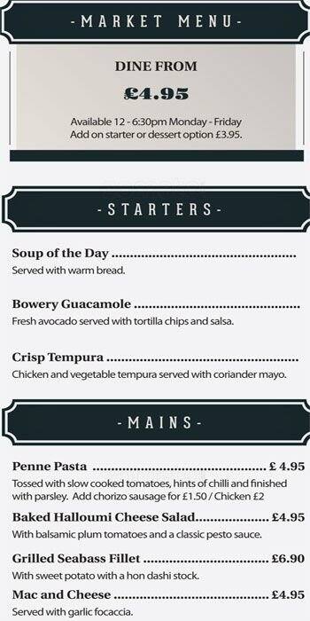 Carta de The Bowery Bar & Restaurant, Glasgow