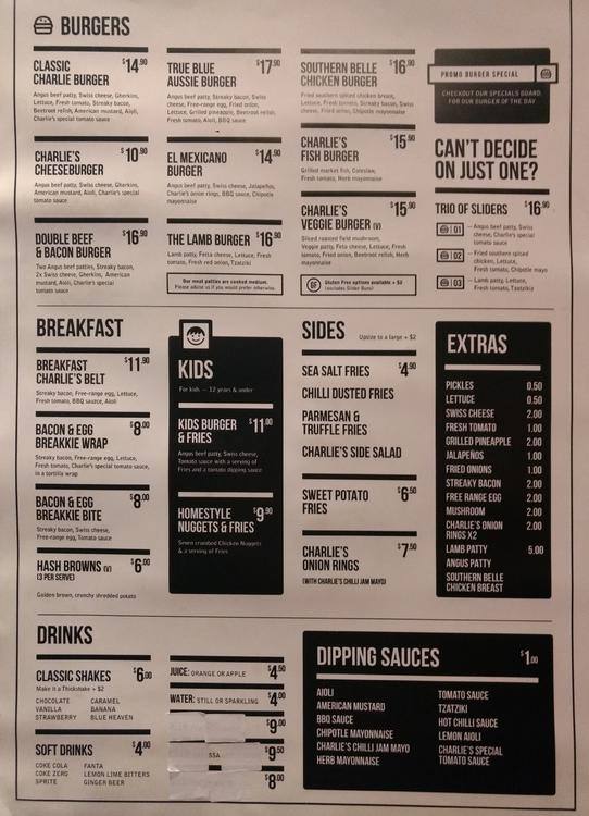 Menu at Charlie & Co. restaurant, Sydney