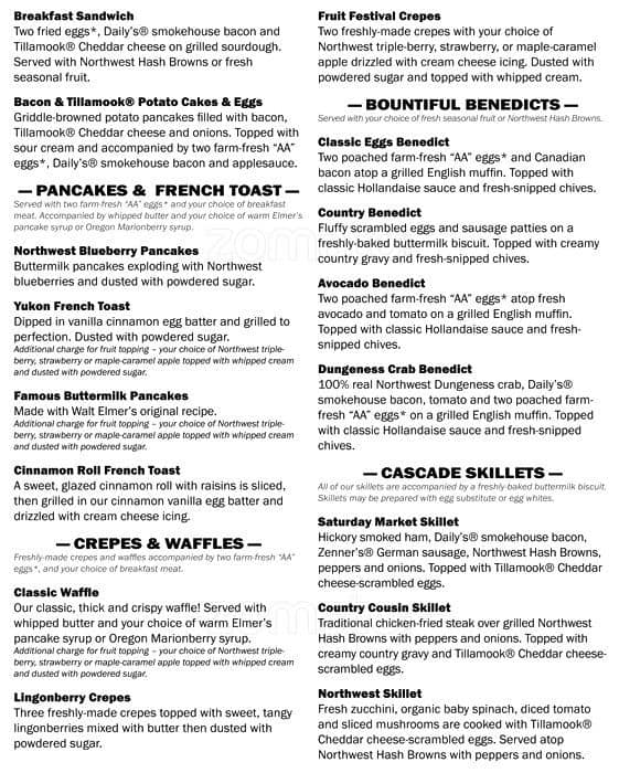 Menu at Elmer's restaurant, Portland, SE Stark St