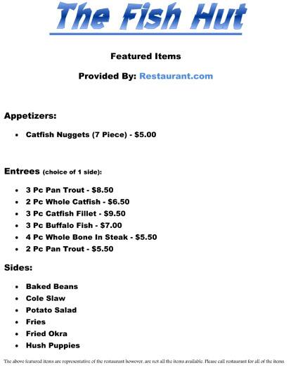 Menu at Fish Hut restaurant, Jackson, W Woodrow Wilson Ave