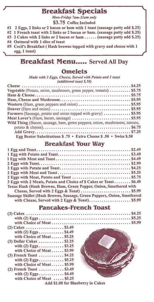 Menu at Wild Rose Cafe, Big Rapids