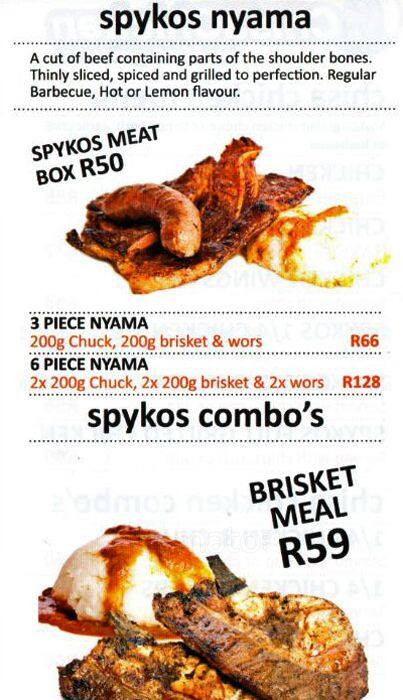 Menu at Spykos Chisa Nyama, Nelspruit
